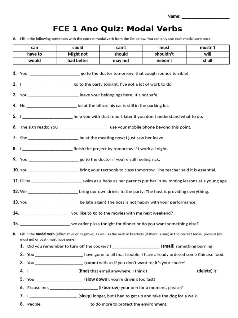 FCE Quiz on Modal Verbs for 1st Year | PDF | Verb