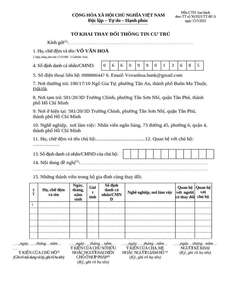 CT01 Tờ Khai Thay Đổi Thông Tin Cư Trú | PDF
