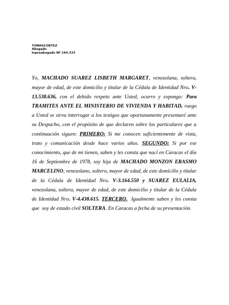 Carta de Solteria Nuevo Formato MACHADO SUAREZ LISBETH MARGARET | PDF