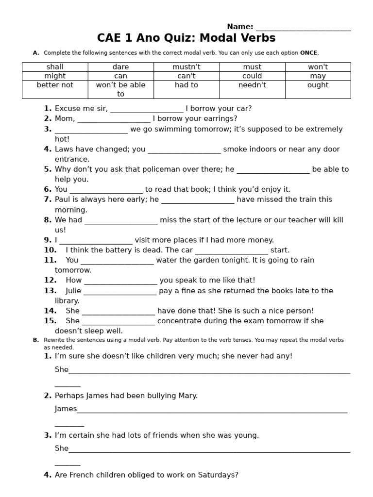 CAE 1 Ano Quiz - Modal Verbs (new) | PDF | Verb | Linguistic Morphology