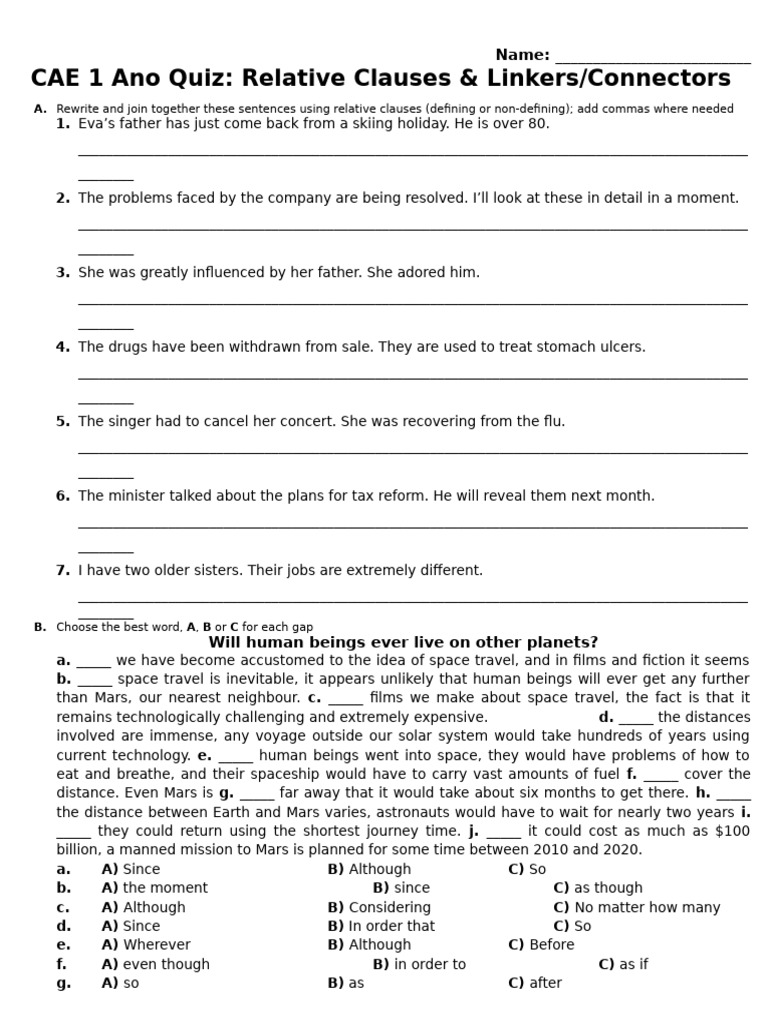 CAE 1 Quiz: Relative Clauses & Connectors | PDF | Interplanetary ...