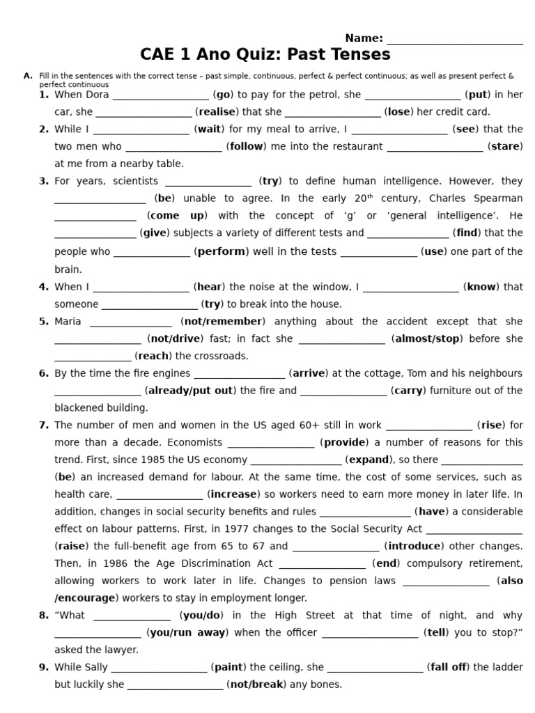CAE 1 Ano Quiz - Past Tenses (New) | PDF