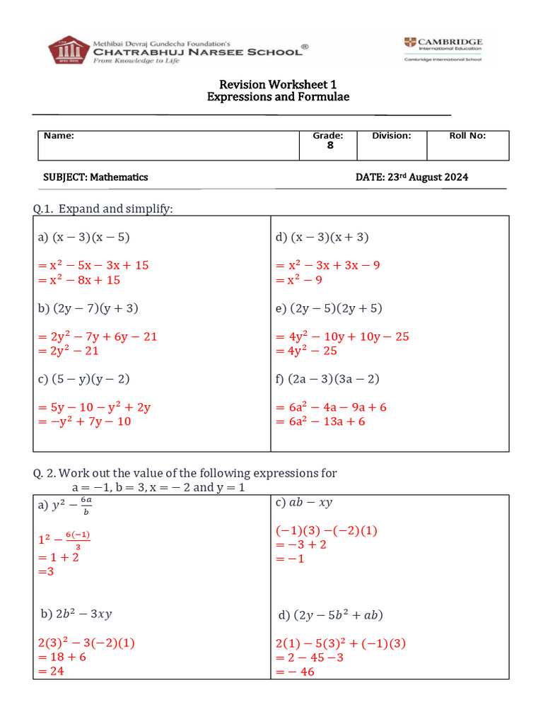 Gr.8_Math_revision_worksheet_1_answer_key_CA1_CNS_Pune | PDF | Mathematics