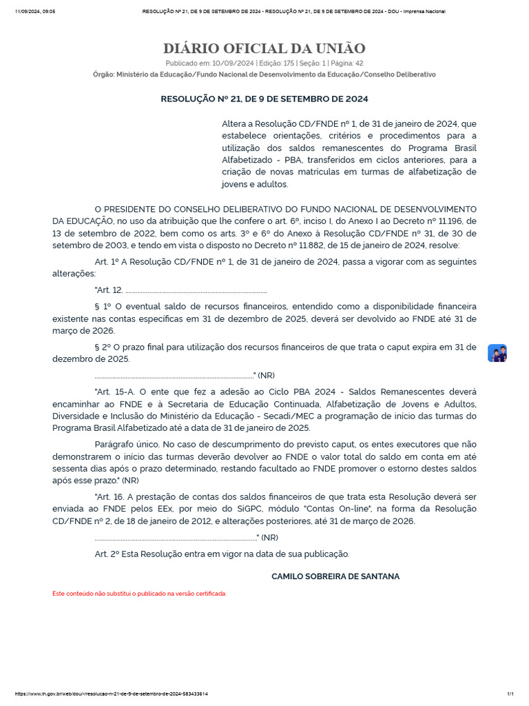 RESOLUON21 DE9 DESETEMBRODE2024 Brasil Alfabetizado PBAtransferidosemciclosanteriores | PDF
