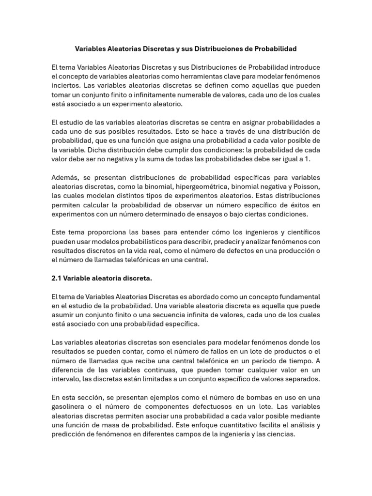 Variables Aleatorias Discretas y Sus Distribuciones de Probabilidad TEORIA | PDF | Probabilidad ...