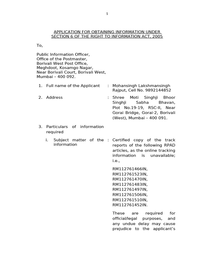 RTI Application for RPAD Tracking Info | PDF | Public Law | Government ...