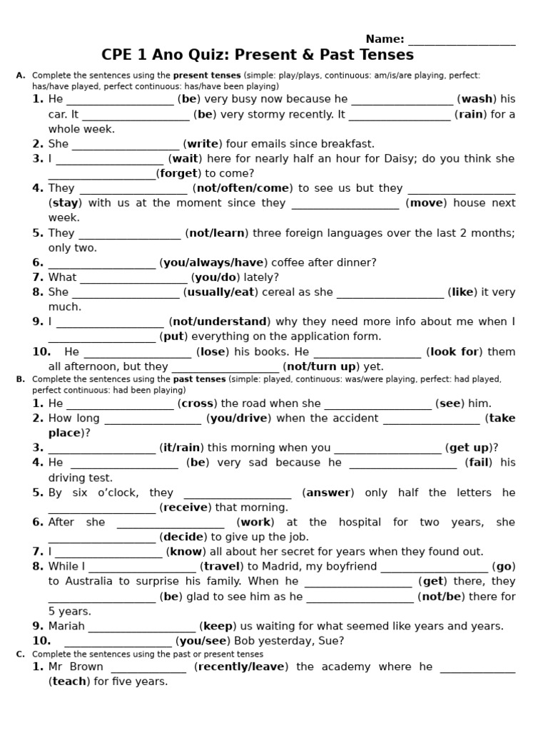 CPE 1 Ano Quiz - Present & Past Tenses (new) | PDF