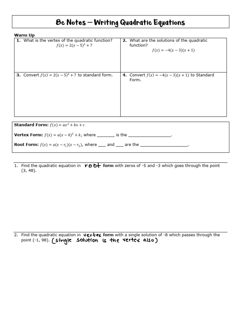 New-8c Notes - Writing Quadratic Equations | PDF