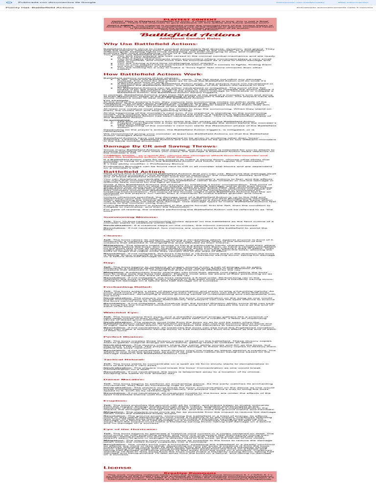Pointy Hat Battlefield Actions Guide | PDF
