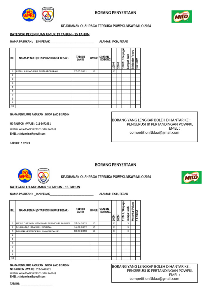 2. BORANG PENYERTAAN KATEGORI 13-15 TAHUN ssn perak | PDF