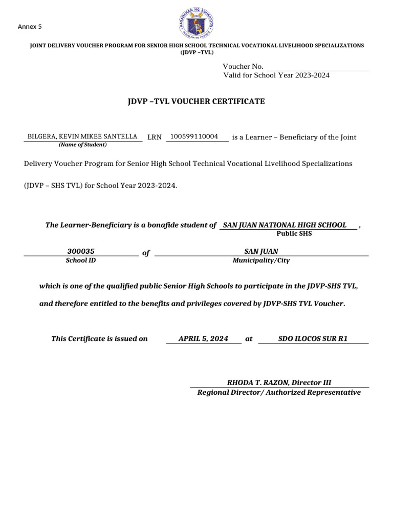 Annex 5 JDVP TVL Voucher Certificate | PDF
