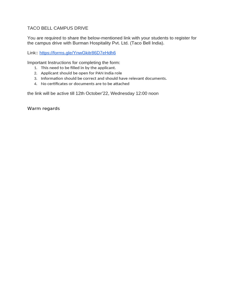 Taco Bell Campus Drive Registration | PDF