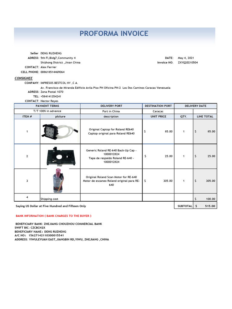 0504PROFORMA INVOICE OF THE SPARE PARTS FOR Re640 | PDF | Invoice ...