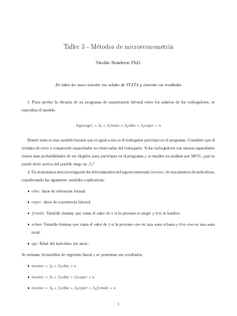 Taller 3 | PDF | Mínimos cuadrados ordinarios | Análisis de regresión