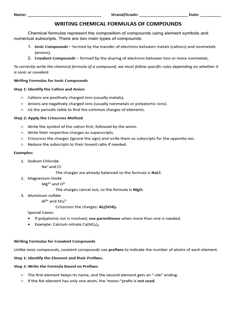 Writing Chemical Formulas Guide | PDF | Ion | Chemical Compounds