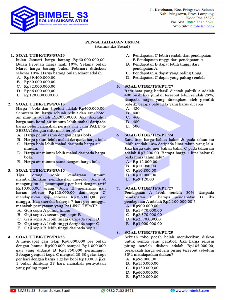Bank Soal Utbk Penalaran Umum Aritmatika Sosial - Part (87 of 100) | PDF