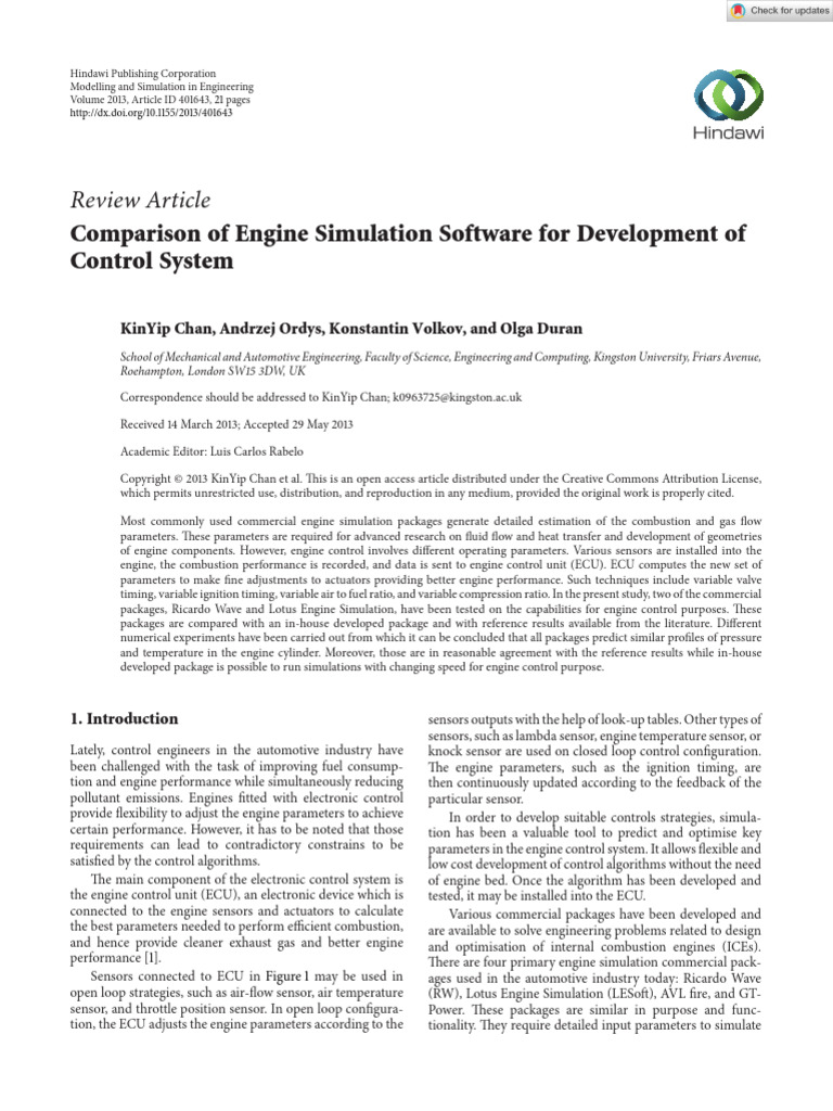 Modelling and Simulation in Engineering - 2013 - Chan - Comparison of Engine Simulation Software ...