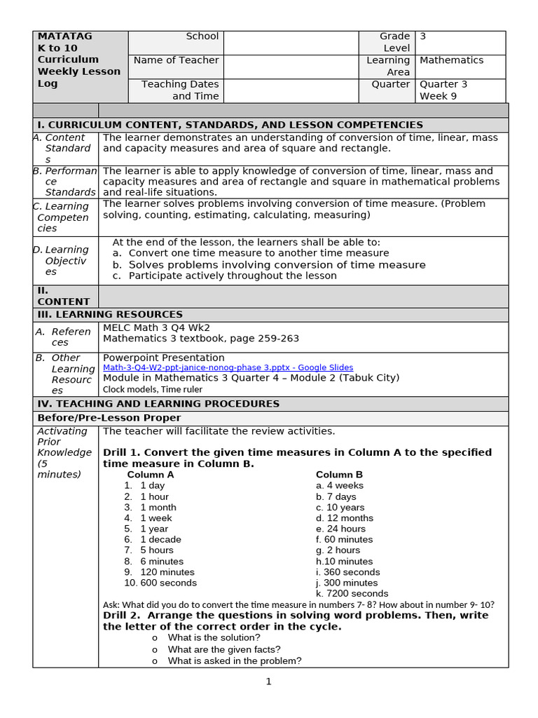 Grade 3 Math Lesson: Time Conversion | PDF | Learning | Teachers