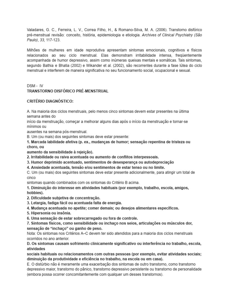 Transtorno Disfórico Pré-Menstrual: Revisão | PDF | Depressão | AVC