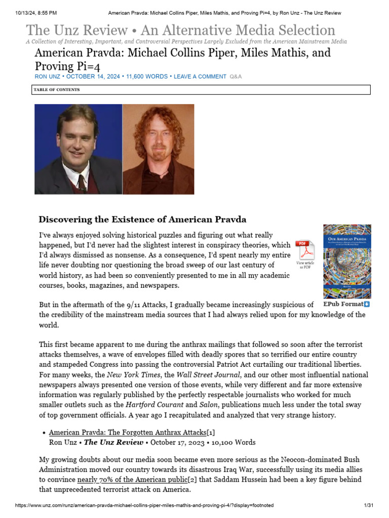 Ron Unz American Pravda Michael Collins Piper Miles Mathis and Proving ...