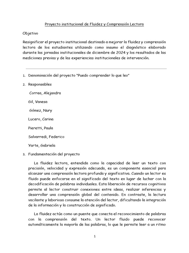 PROYECTO DE FLUIDEZ Y COMPRENSIÓN LECTORA (1) | PDF | Comprensión ...