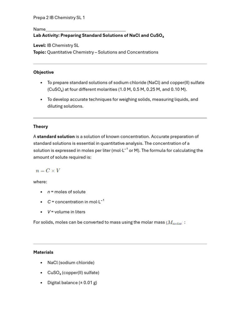 Preparing Standard Solutions - Lab Practical Activity | PDF | Volume ...