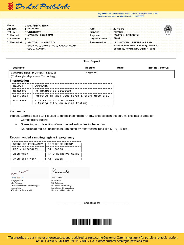Priya Nain's Indirect Coombs Test Report | PDF | Health Care | Immunology