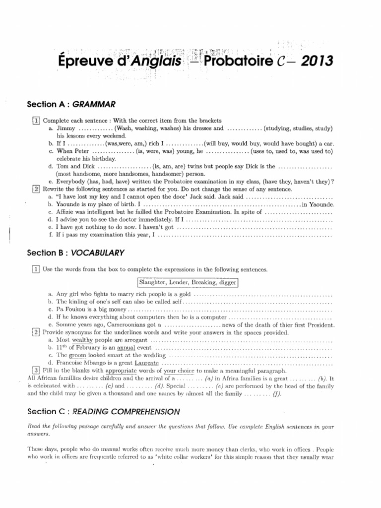 Orniformation Épreuve Anglais Probatoire C Session 2013 | PDF