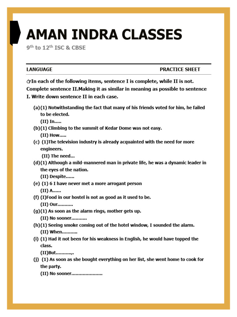 Aic English Practice Sheet - 1 | PDF