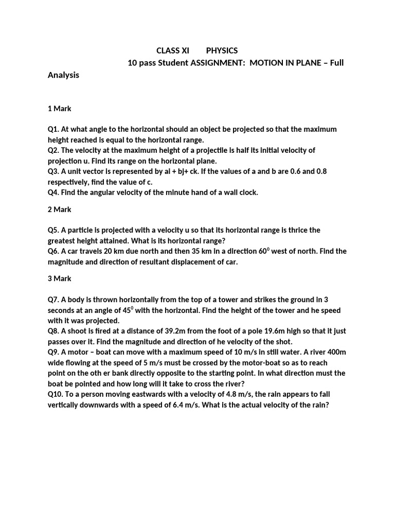 Class XI Physics: Motion in Plane Assignment | PDF