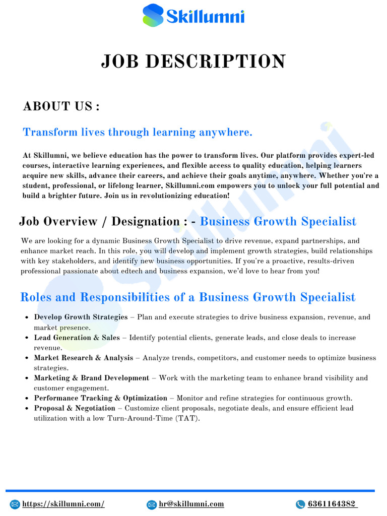 Business Growth Specialist Role at Skillumni | PDF | Marketing ...