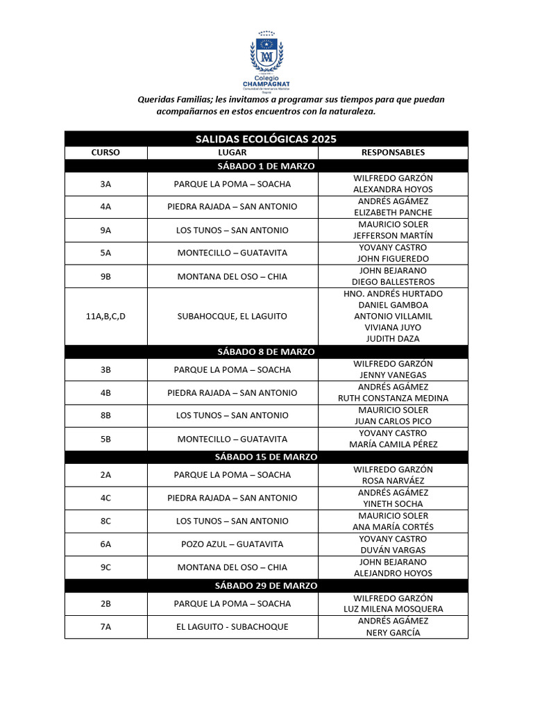 Cronograma Salidas Ecológicas 2025 - V3 | PDF
