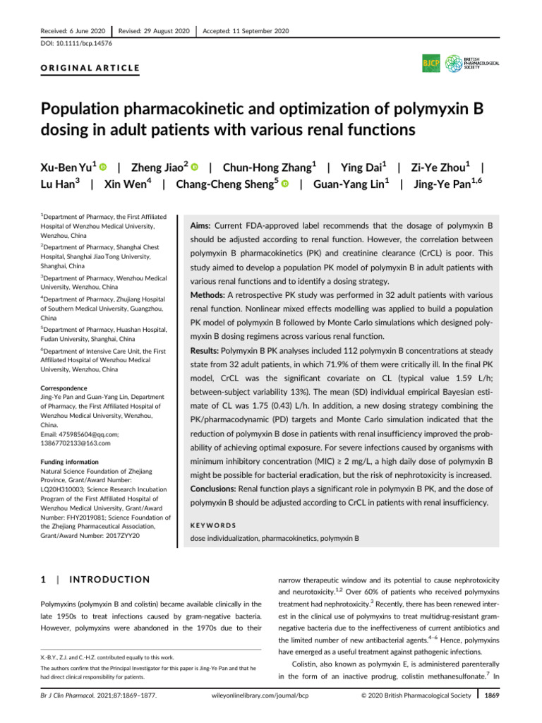 Brit J Clinical Pharma - 2020 - Yu - Population Pharmacokinetic and Optimization of Polymyxin B ...