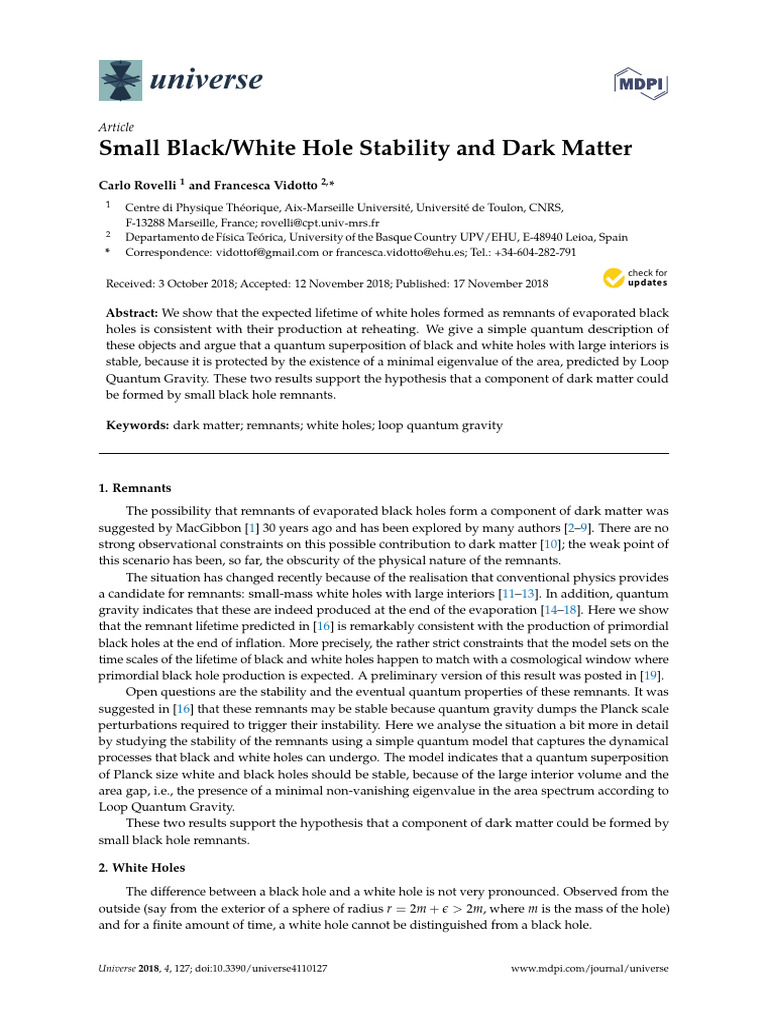 Carlo Rovelli - Small Black-White Hole Stability and Dark Matter (MDPL) | PDF | Black Hole ...