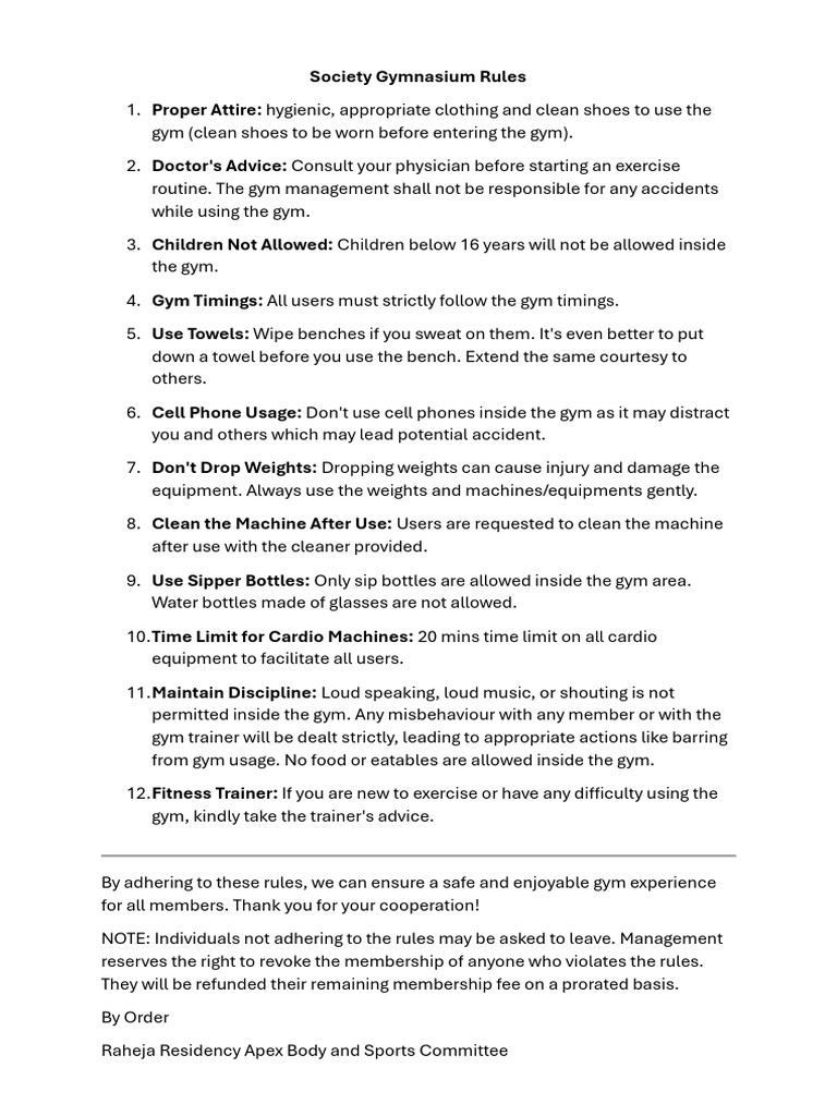 Society Gymnasium Rules and Guidelines | PDF