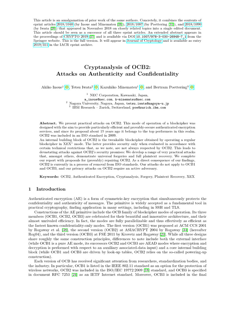 Cryptanalysis of OCB2: Attacks On Authenticity and Confidentiality ...