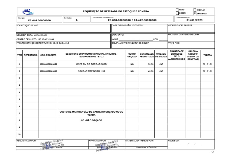RM 487 - Consumíveis Canteiro João Cabanas | PDF