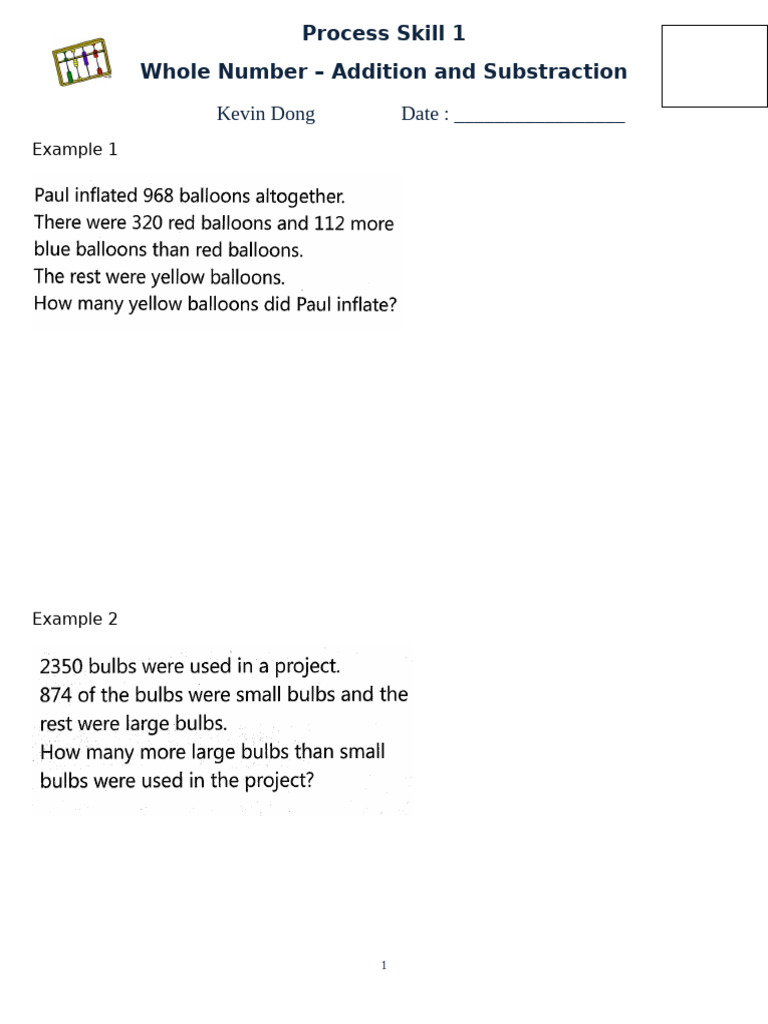 Process Skill 1 Whole No-Addition and Substraction | PDF
