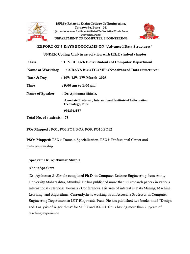 Report Of Bootcamp On Advance Data Structures Ty B Div Pdf