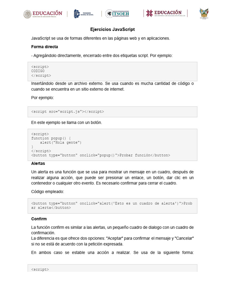 Ejercicios JavaScript | PDF | Script Java | Botón (Computación)