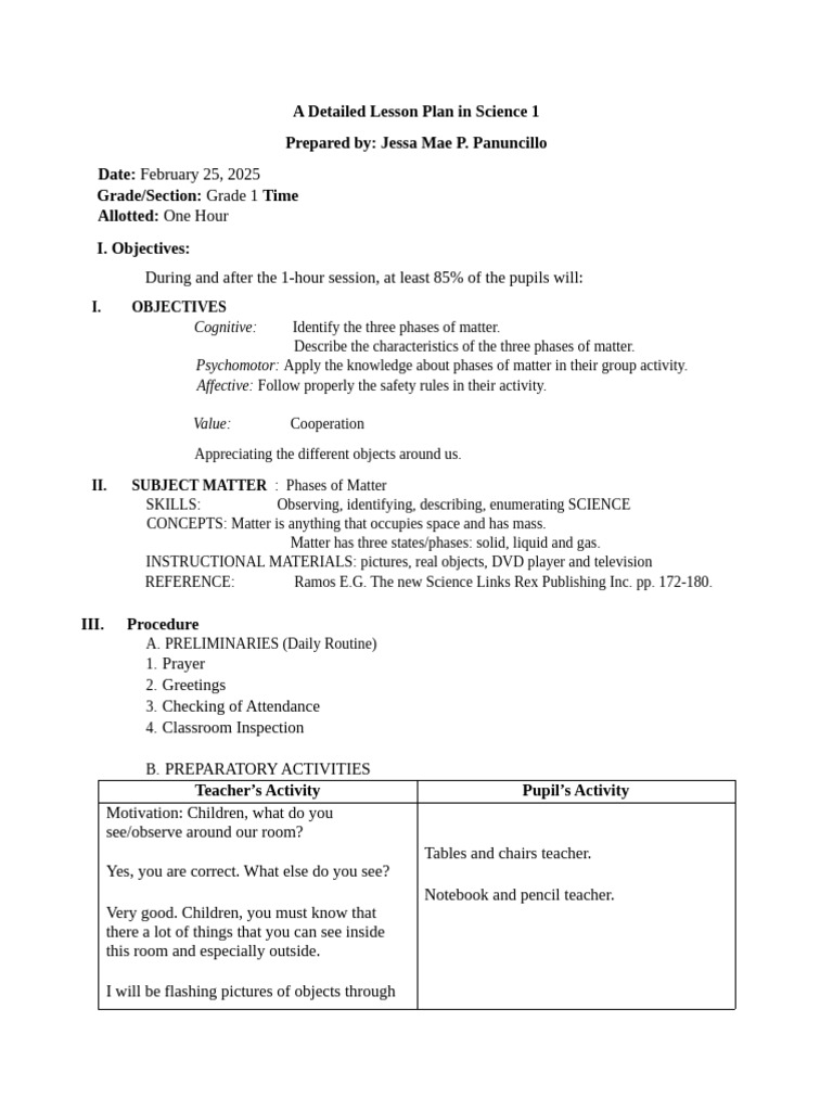 Grade 1 Science Lesson: Phases of Matter | PDF | Matter | Gases