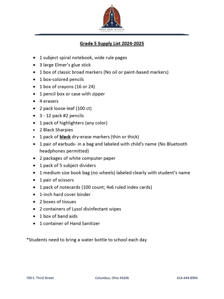 Grade 5 Supply List 24-25 | PDF