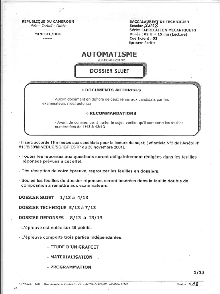 Orniformation Baccalaureat F1 2018 Epreuve Automatisme | PDF