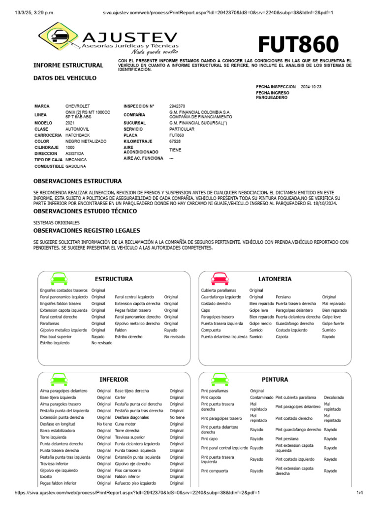 Informe Estructural Datos Del Vehiculo | PDF | Vehículos terrestres | Industria automotriz