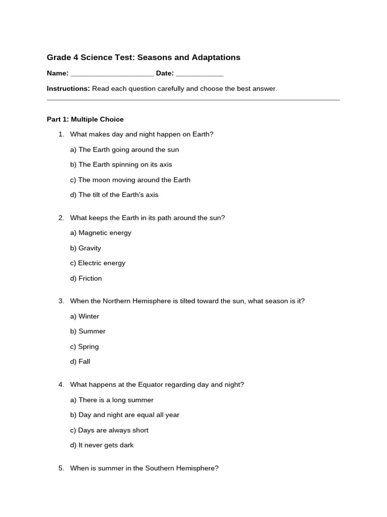 Grade 4 Science: Seasons & Adaptations Test | PDF | Earth