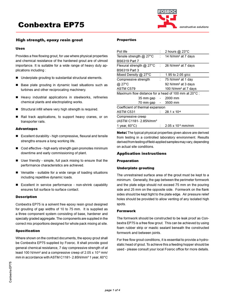 Conbextra EP75 Epoxy Grout Overview | PDF | Epoxy | Concrete