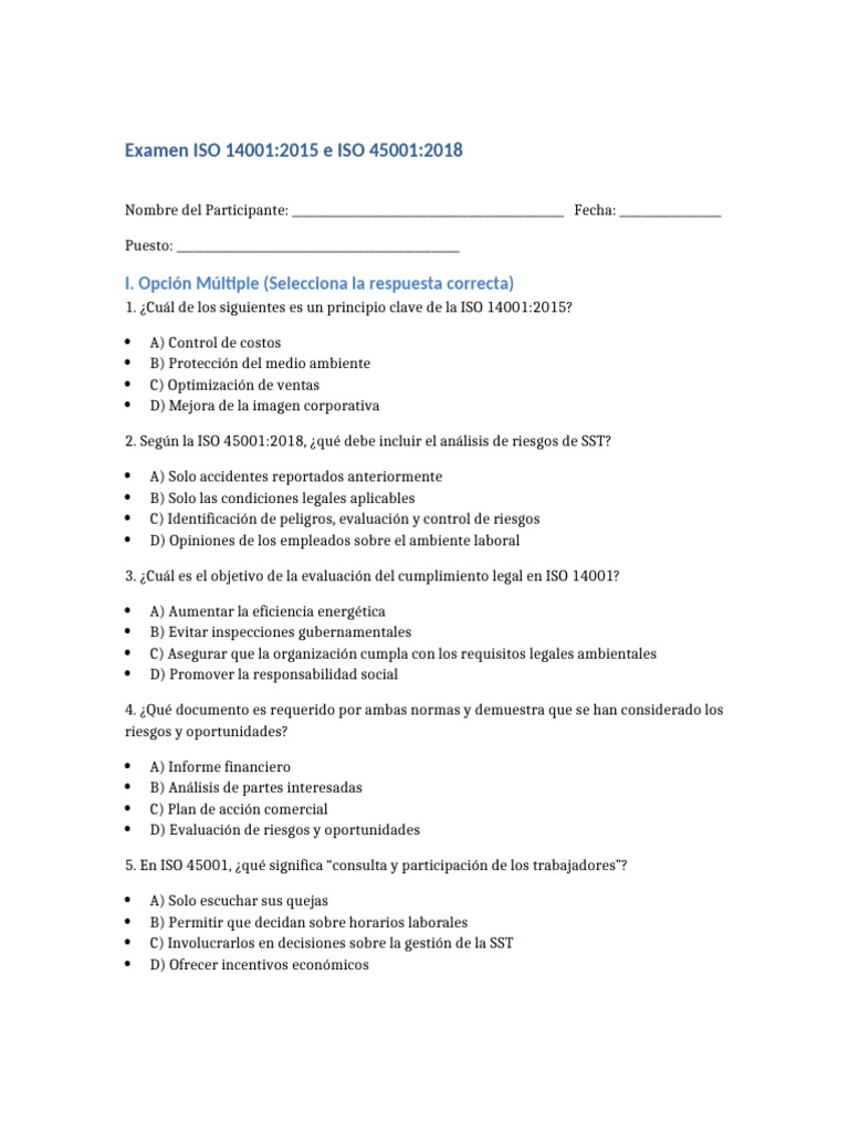 Examen Iso 14001 Y 45001 Evaluación Y Riesgos Pdf