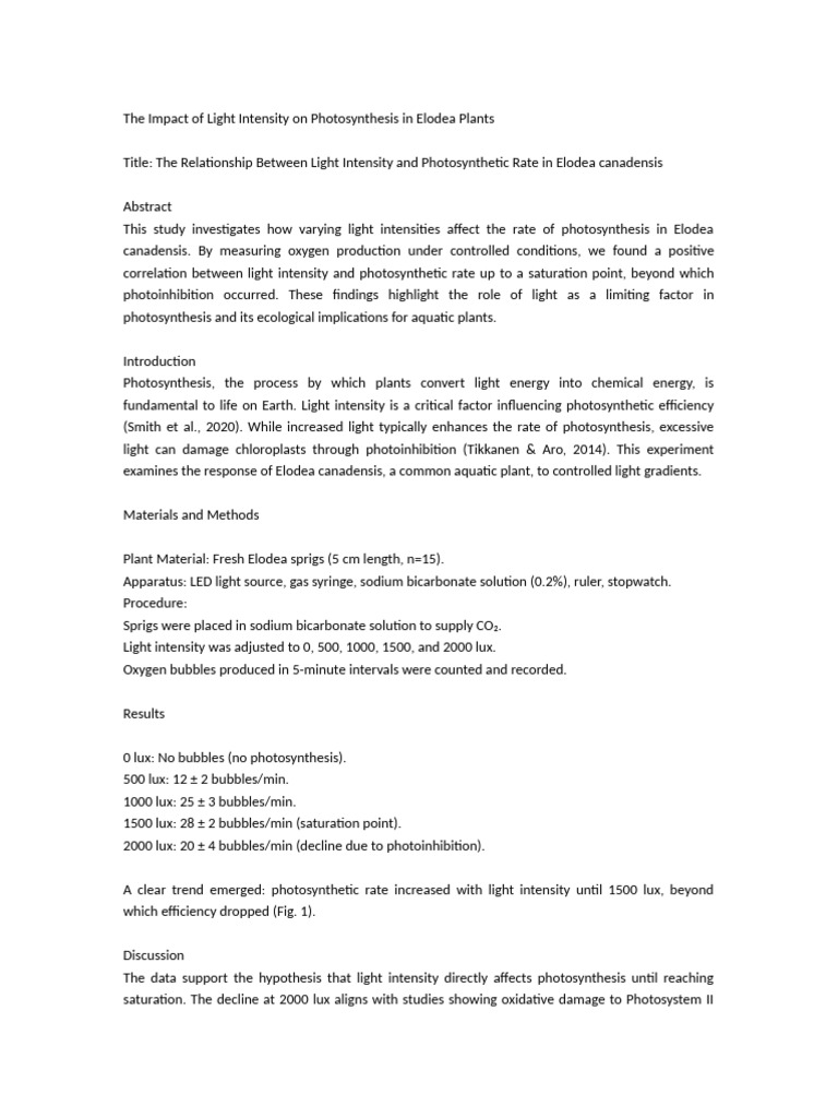 Light Intensity Effects on Elodea Photosynthesis | PDF | Photosynthesis ...