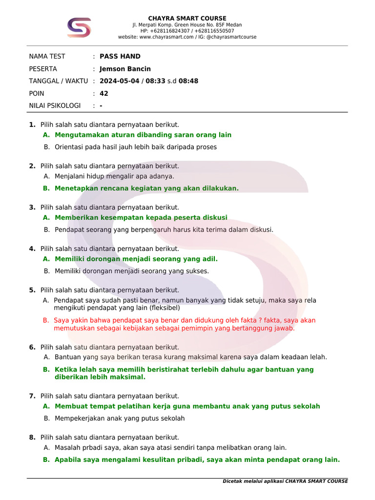 Hasil Tes Pass Hand Chayra Smart Course | PDF