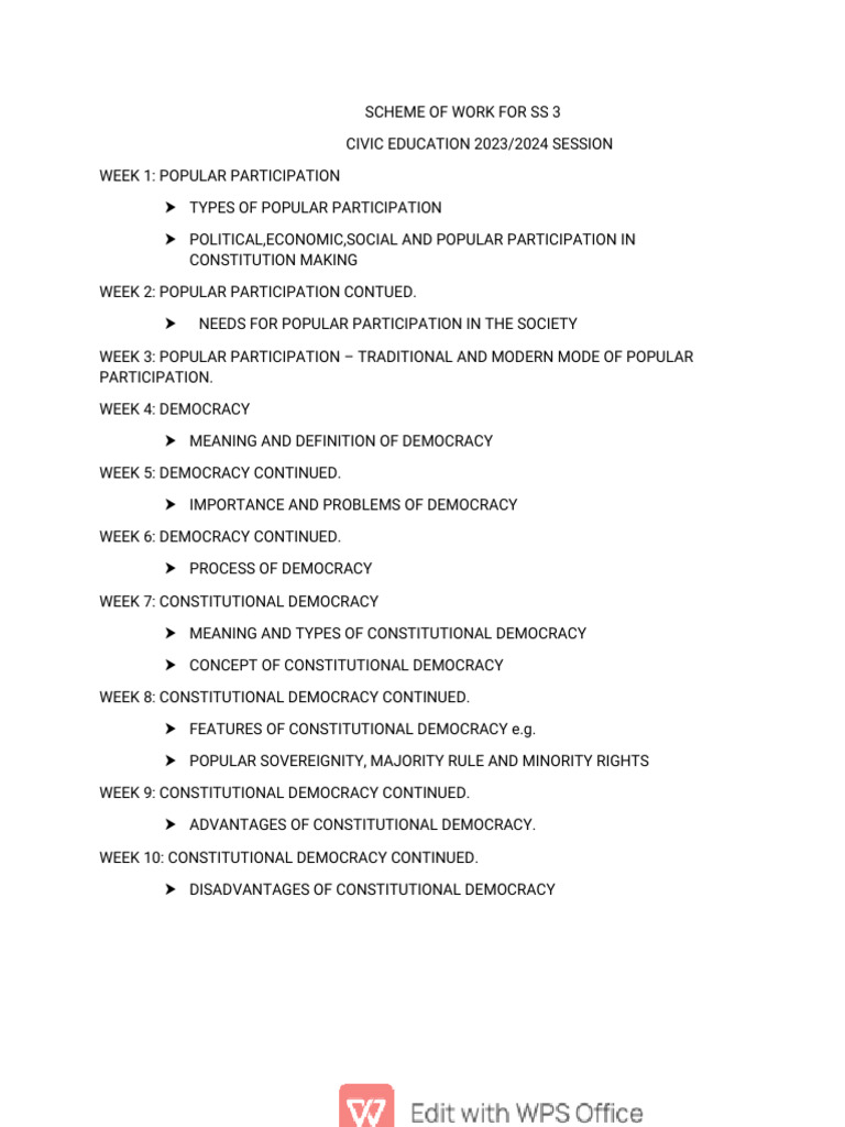 SS3 Civic Education Scheme of Work | PDF